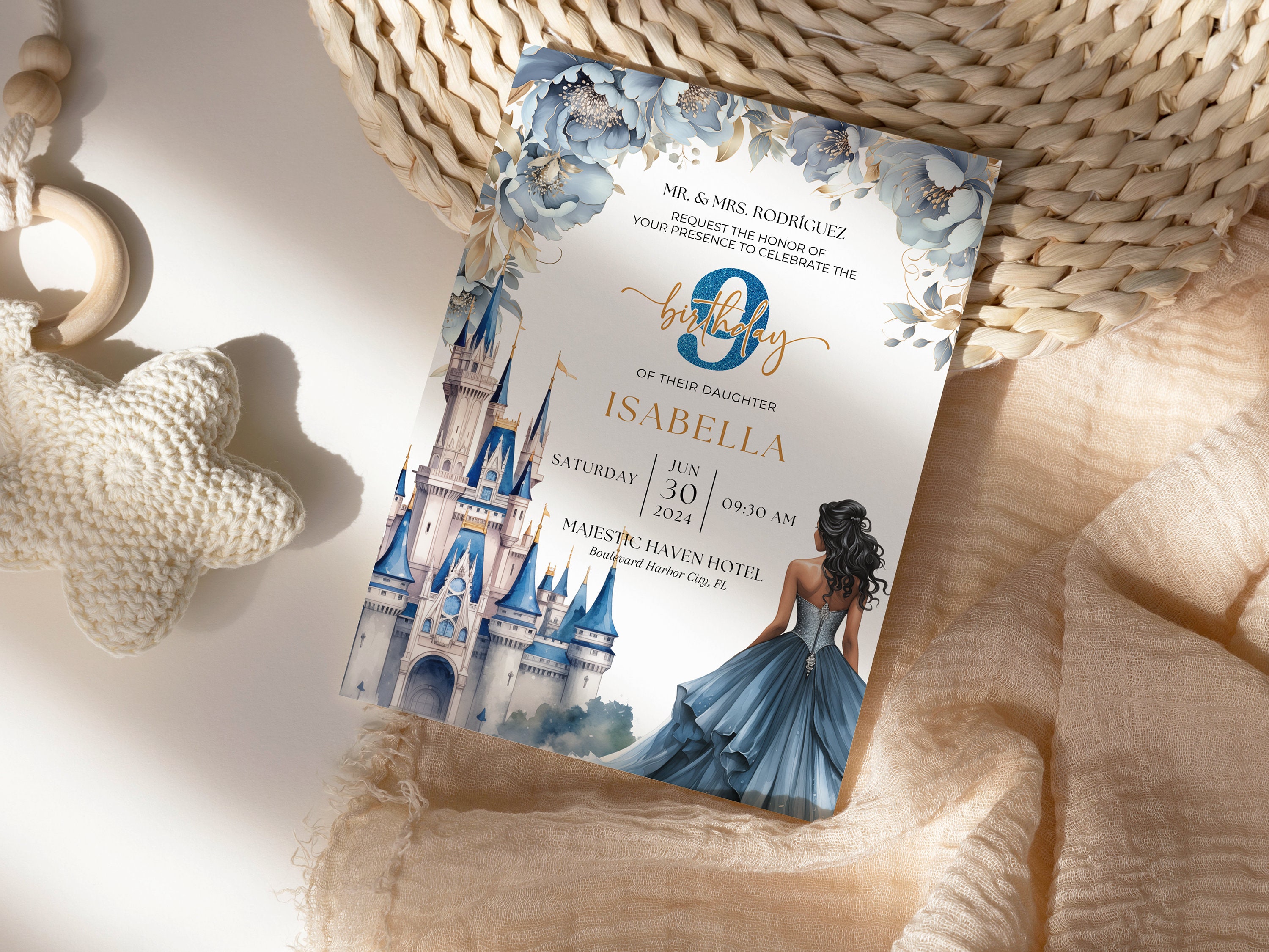 EDITABLE Fairytale Elegant Blue Castle Princess Birthday Invitation ...