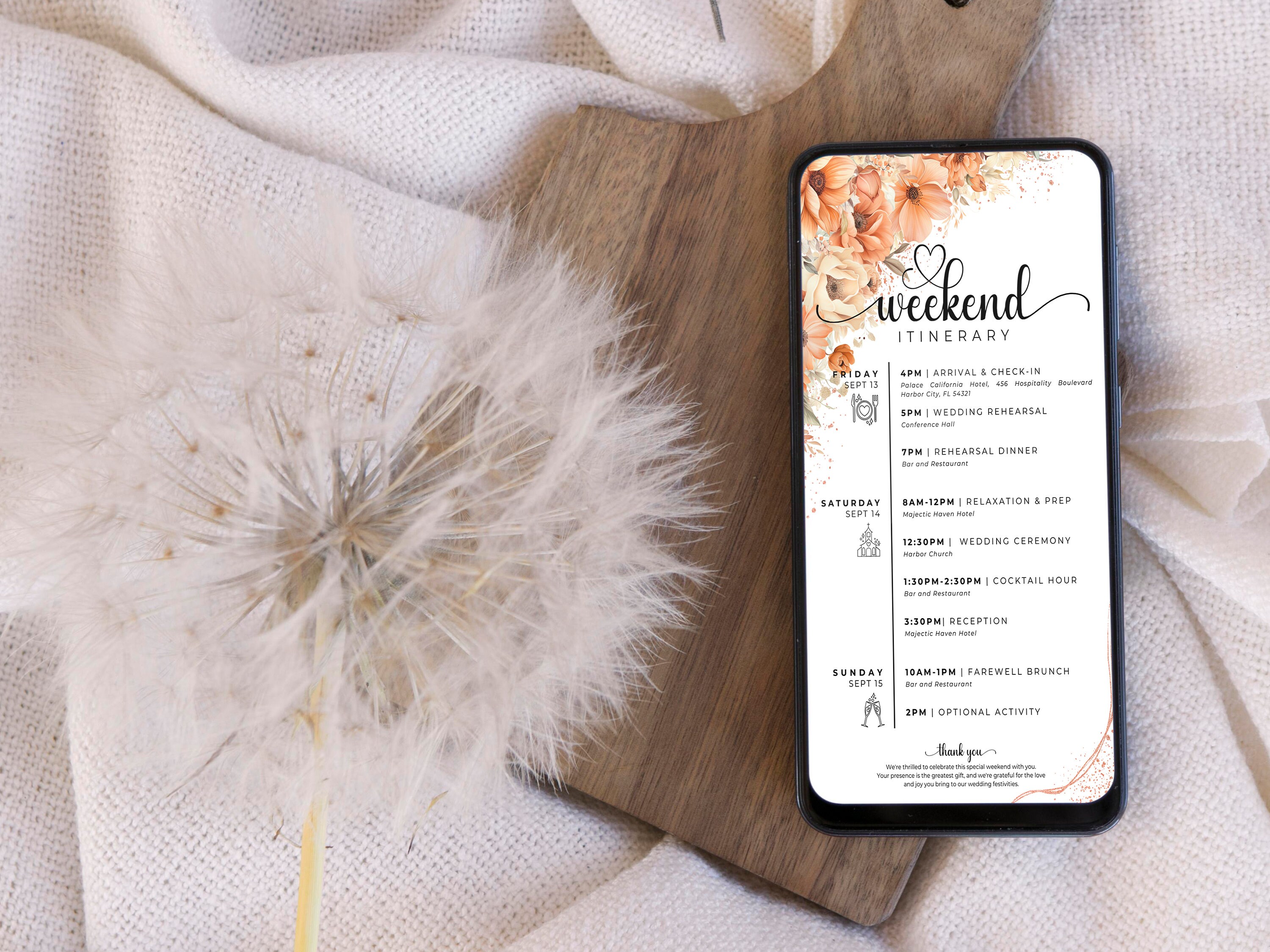 Editable Peach Fuzz Floral Watercolor Wedding Day Timeline Canva ...