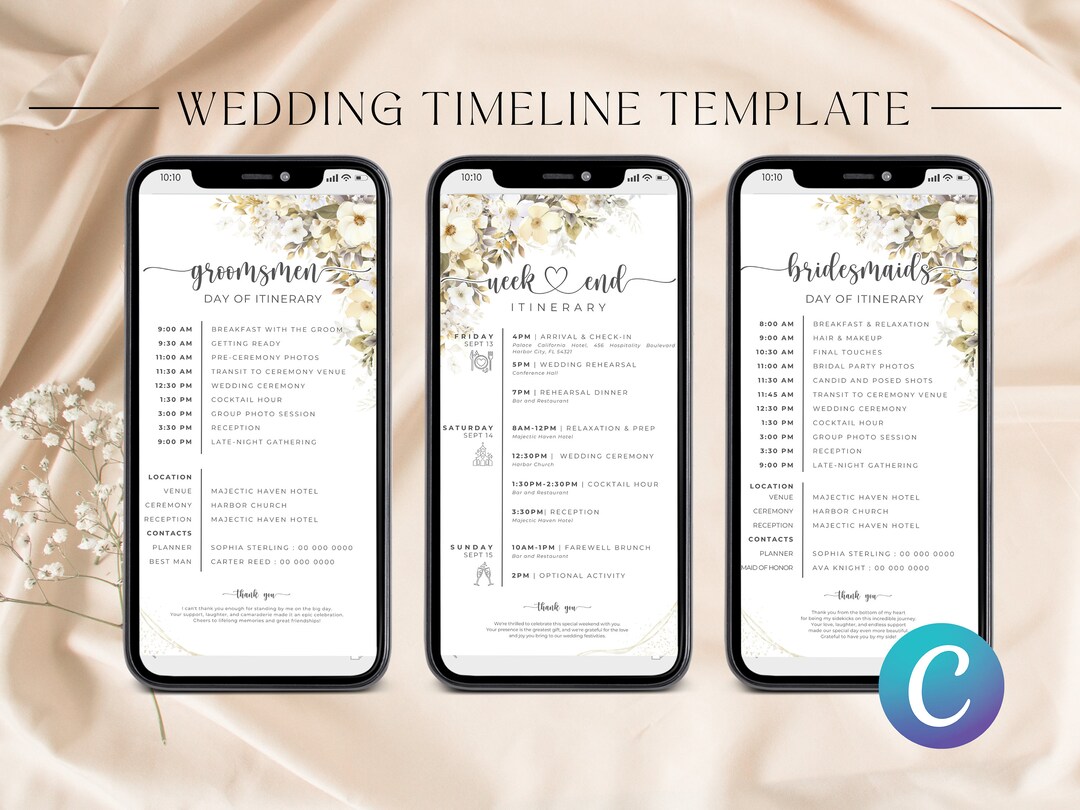 Beige Ivory White Floral Wedding Day Timeline Template for Canva ...