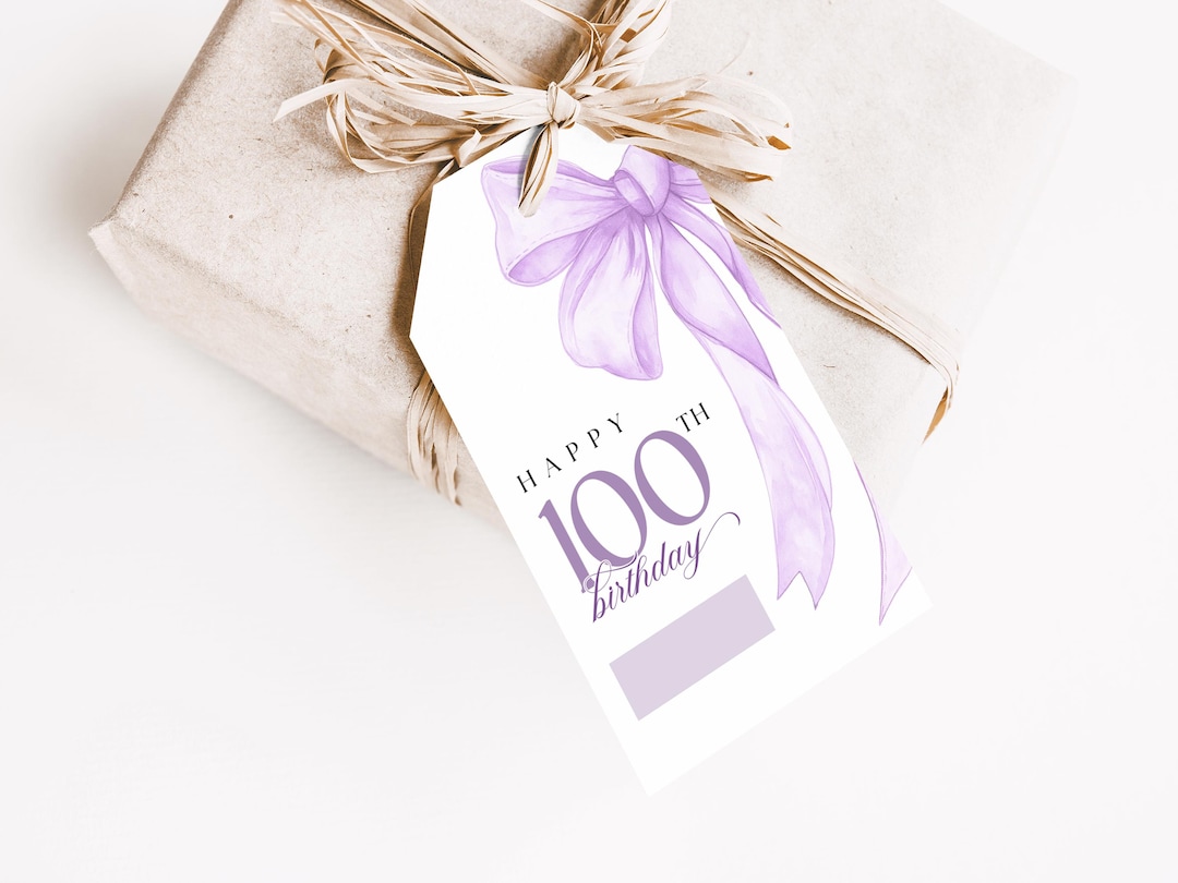 100th Birthday Purple Bow Gift Tag Template for Grandma Aunt, Croquette ...