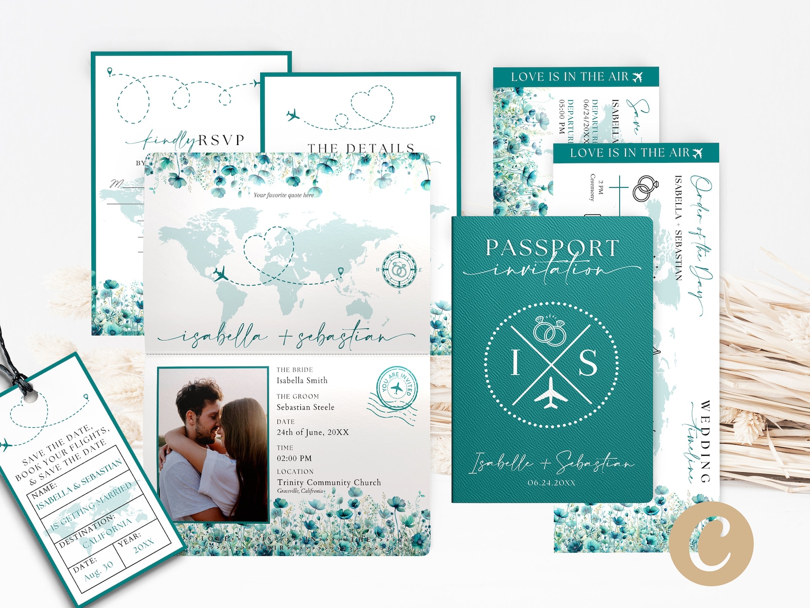 Teal Green Passport Invitation Canva Template W/ Boarding Pass & Save ...