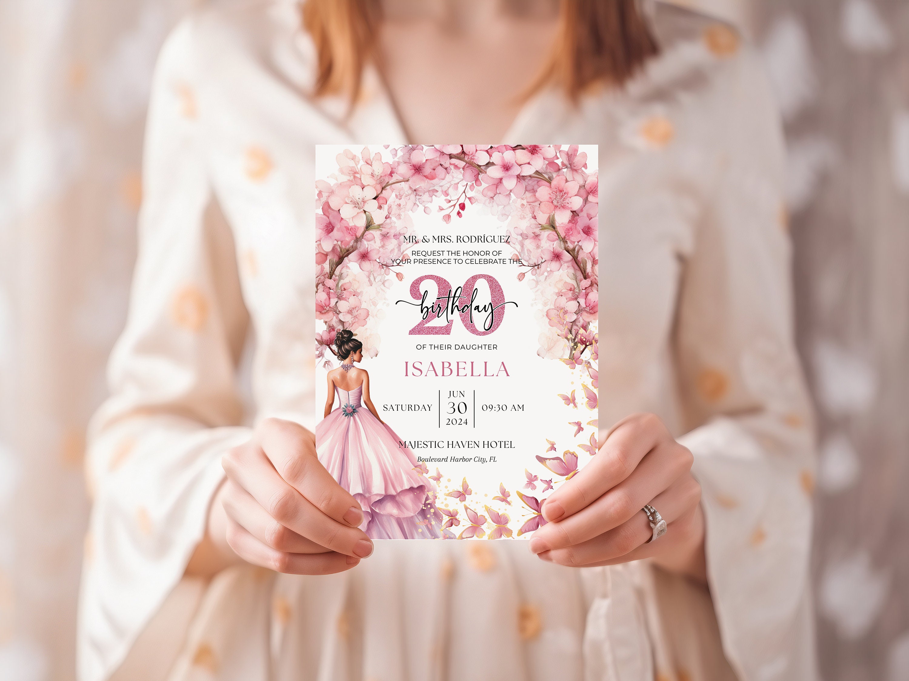 Cherry Blossom Floral Theme Invitation, Princess Butterfly Birthday ...