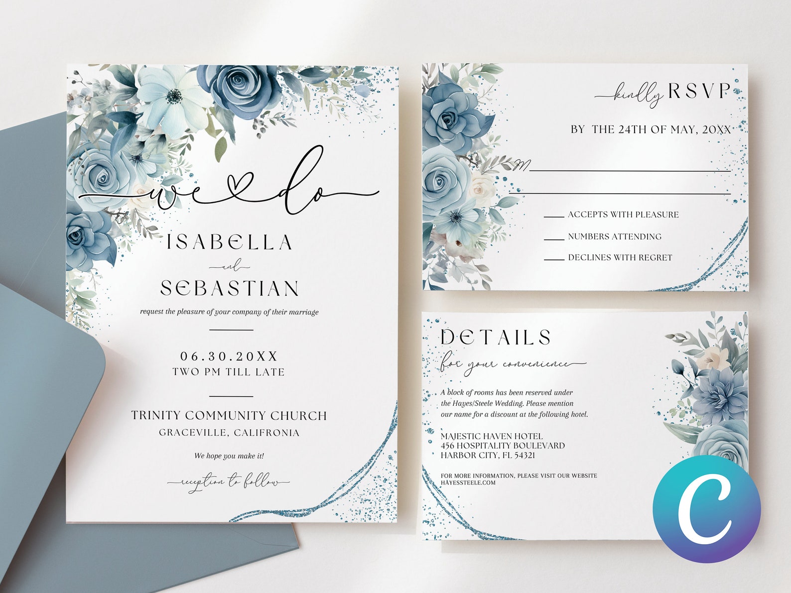 Dusty Blue Wedding Invitation, Powder Blue Peonies Floral Template ...