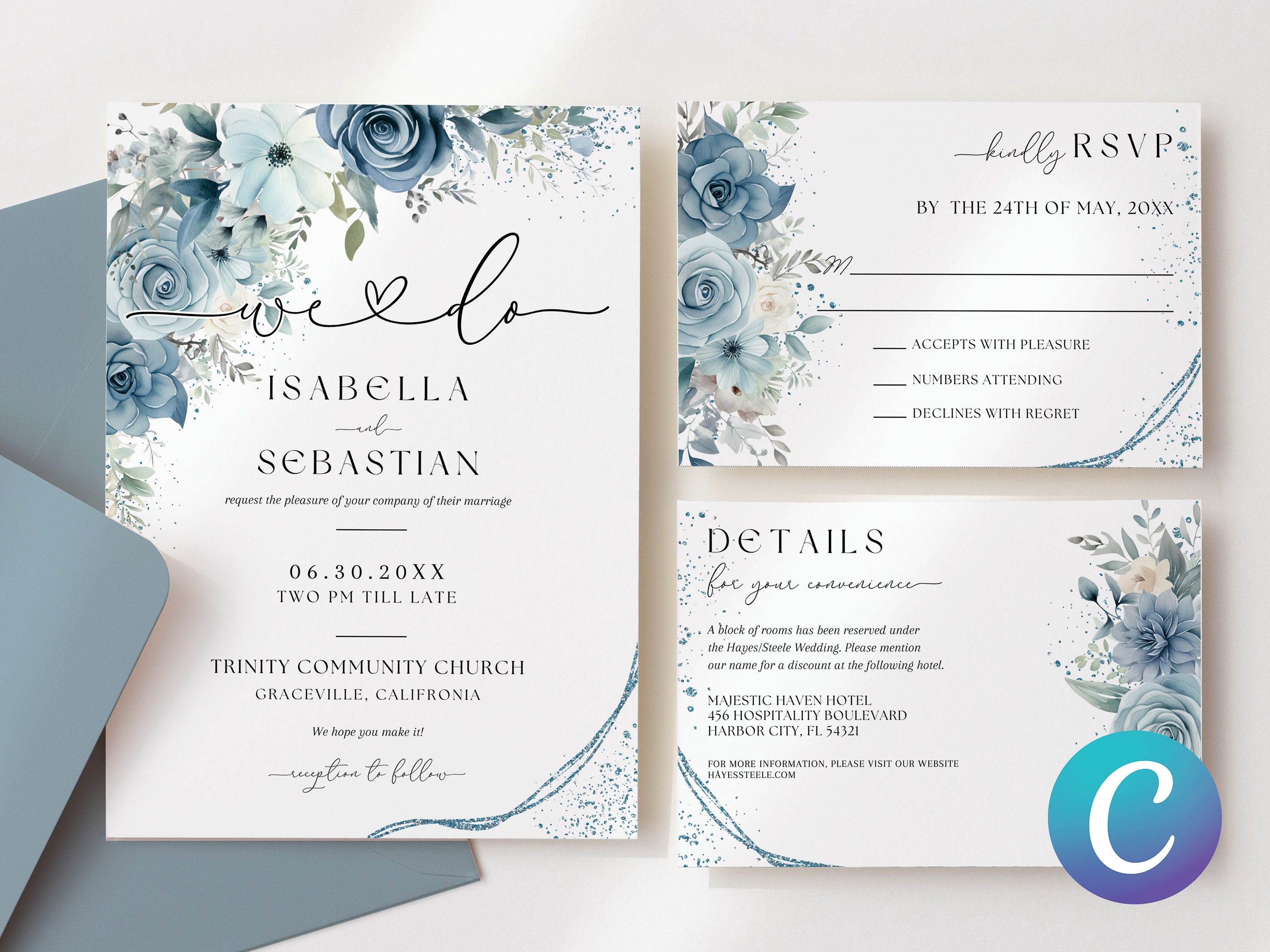 Dusty Blue Wedding Invitation, Powder Blue Peonies Floral Template ...