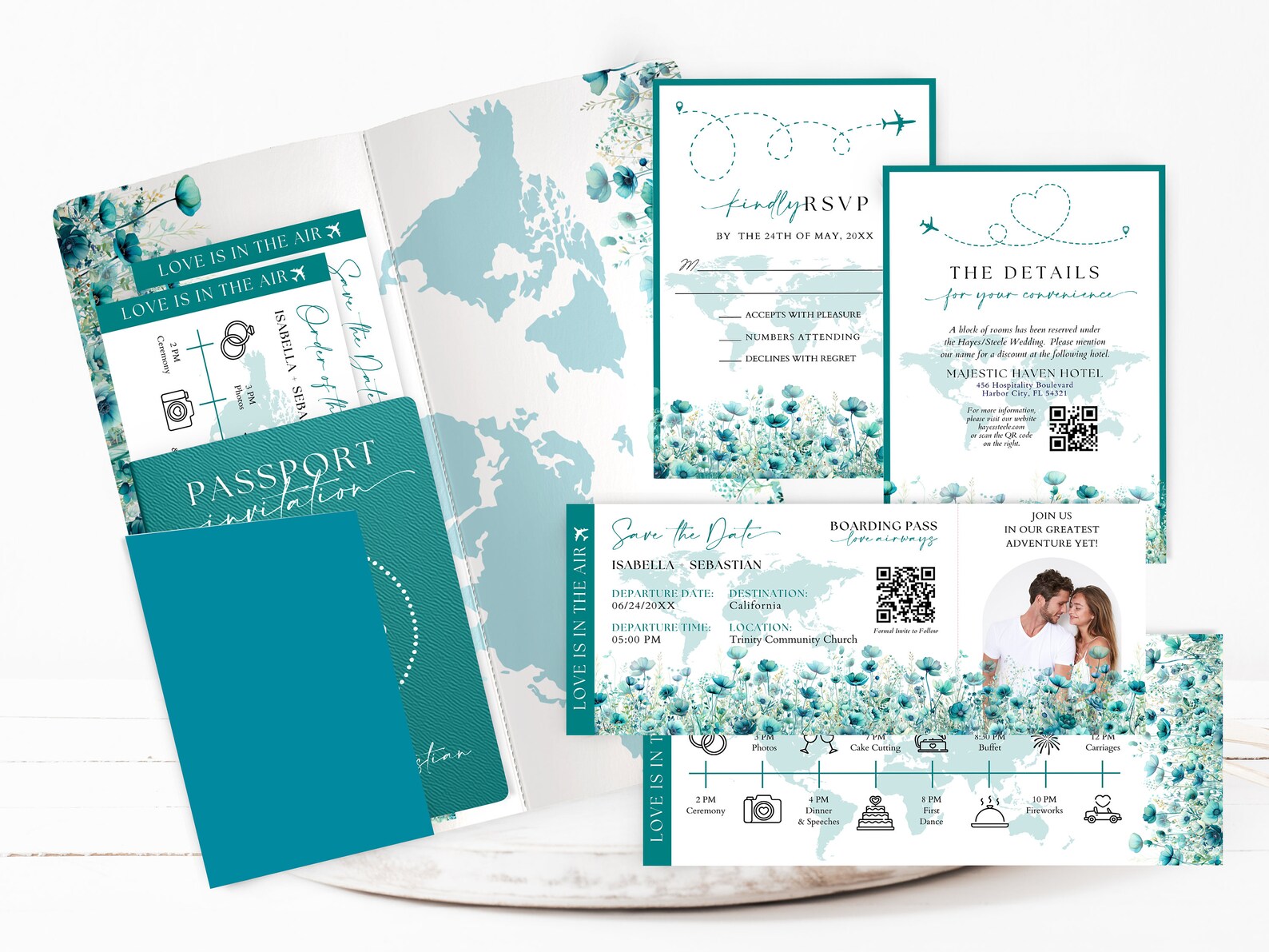 Teal Green Passport Invitation Canva Template W Boarding Pass Save