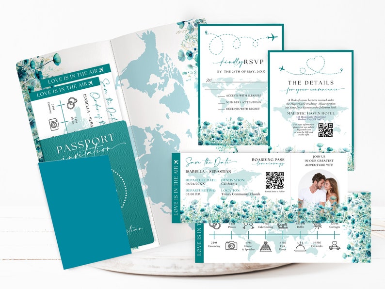 Teal Green Passport Invitation Canva Template W/ Boarding Pass & Save ...