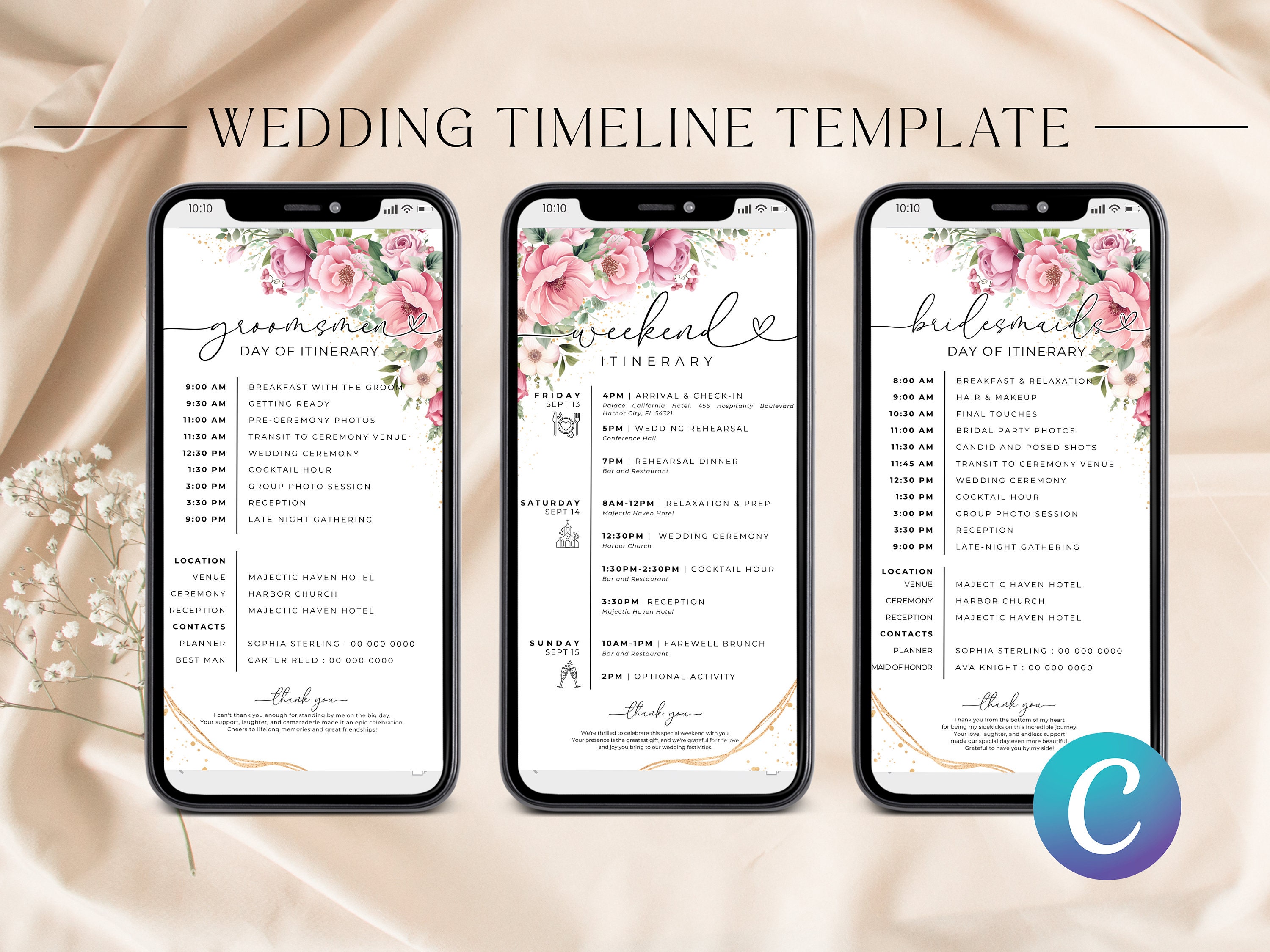 Dusty Pink Wedding Day Timeline, Powder Pink Peonies Floral Template ...