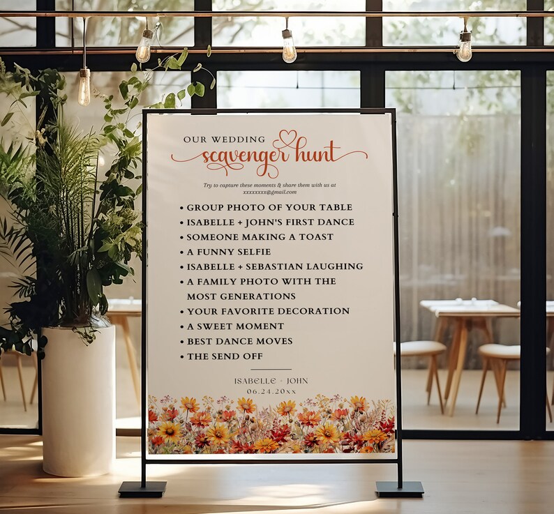 Editable Rustic Meadow Wildflower Watercolor Wedding Photo Scavenger ...