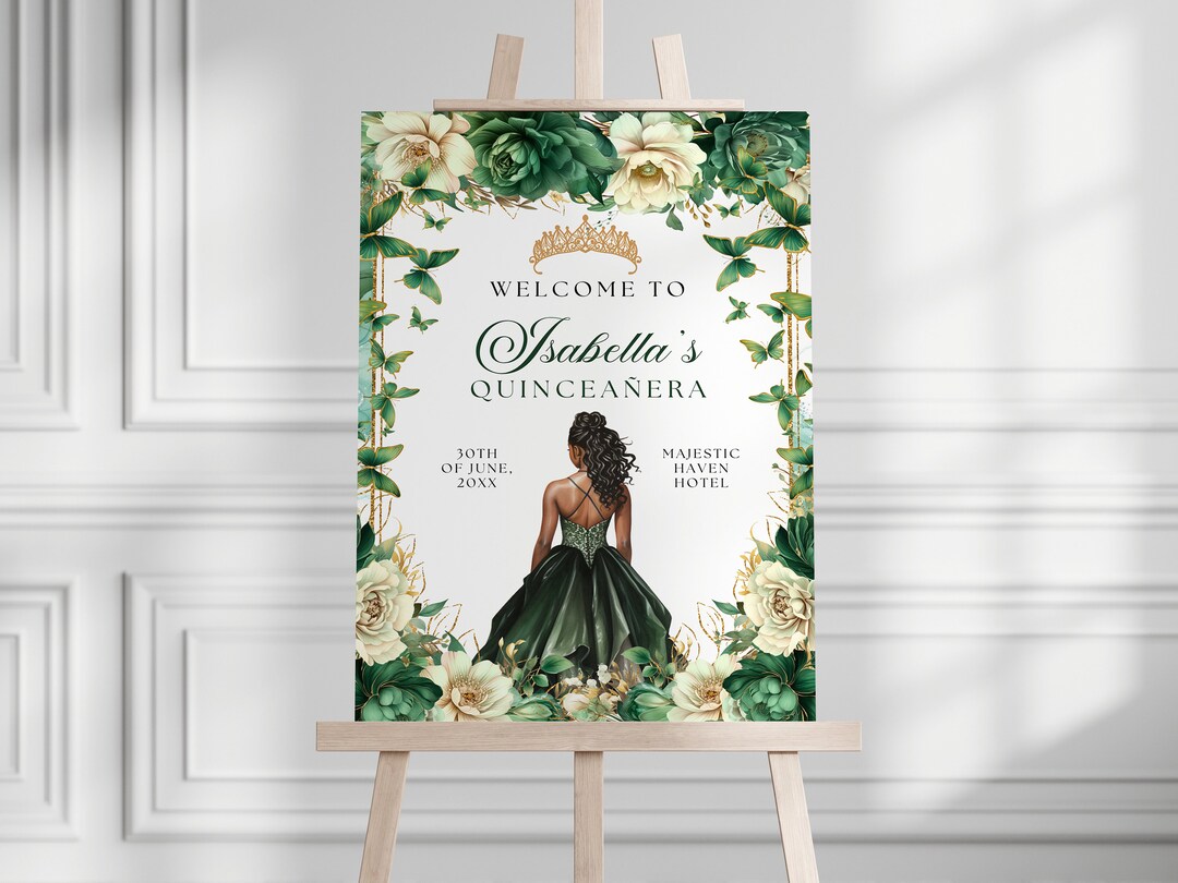 Editable Emerald Green Gold Floral Butterfly Princess Quinceanera ...