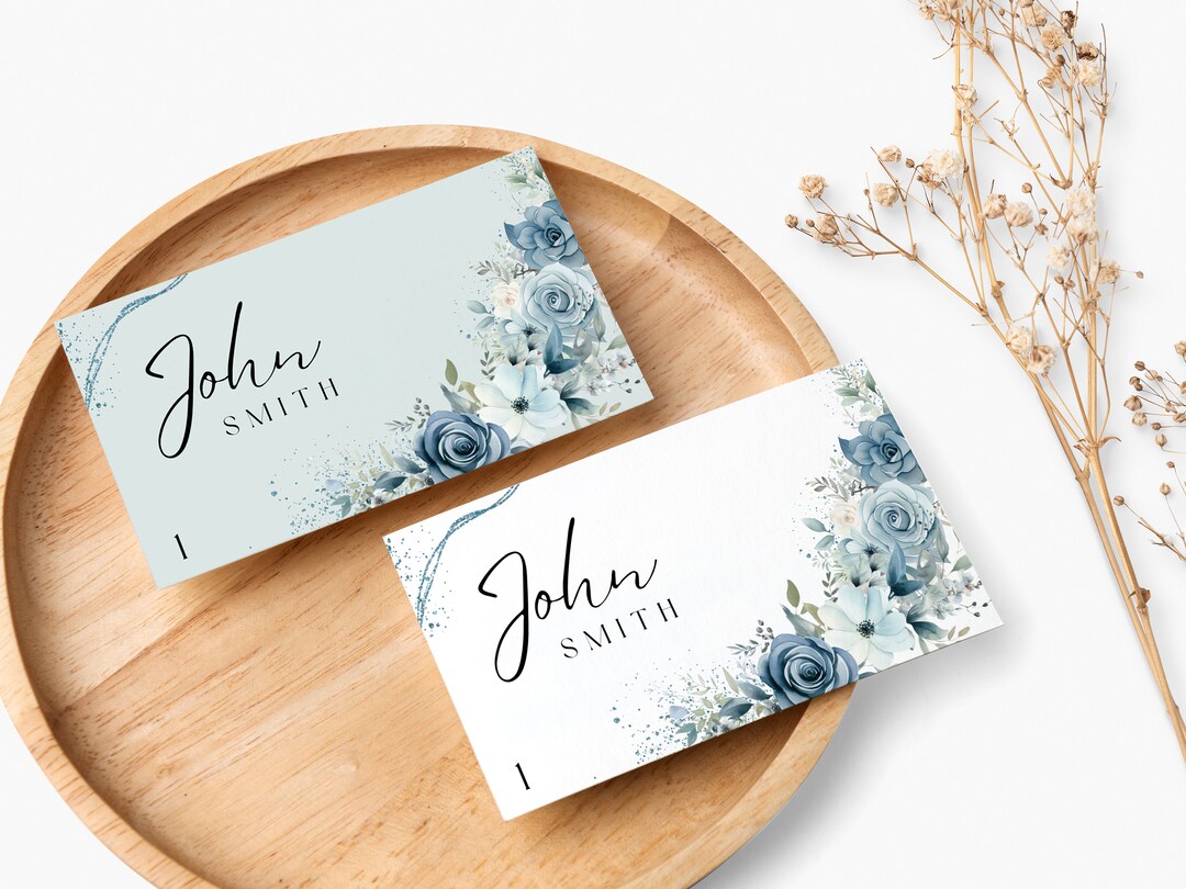 Dusty Blue Wedding Table Name Card, Powder Blue Peonies Floral Canva ...