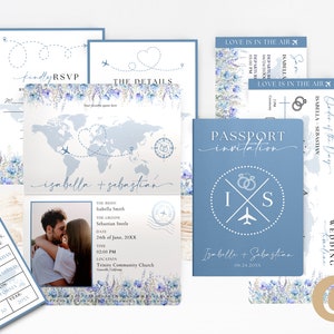 Dusty Blue Passport Invitation Canva Template With Boarding Pass & Save ...