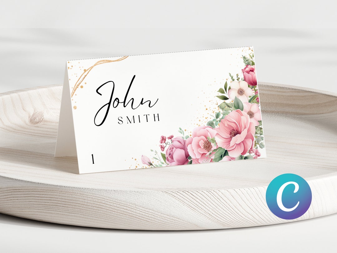 Dusty Pink Wedding Table Name Card, Powder Pink Peonies Floral Canva ...