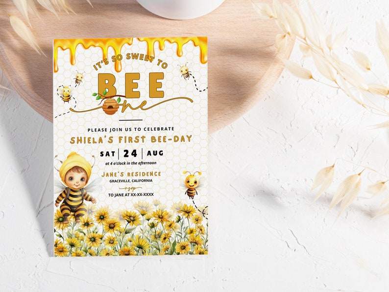 Editable First Bee Day Invitation Canva Template With Photo Card, Honey ...