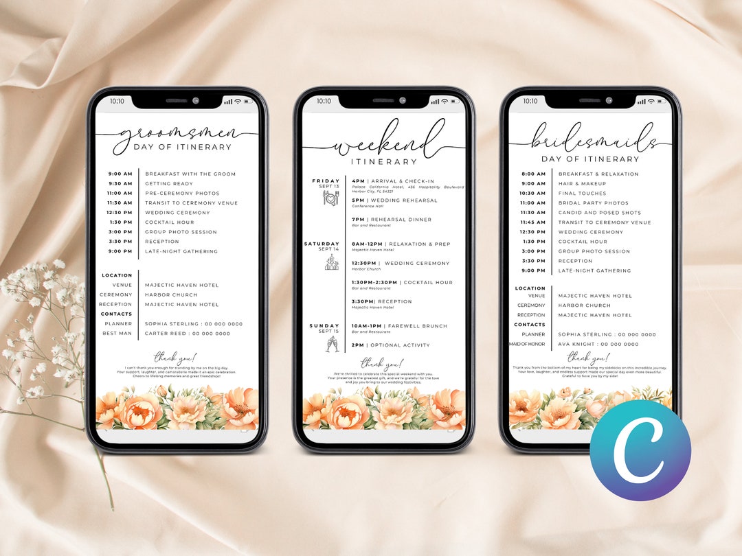 Peach Floral Wedding Timeline Template for Canva, Printable Wedding ...