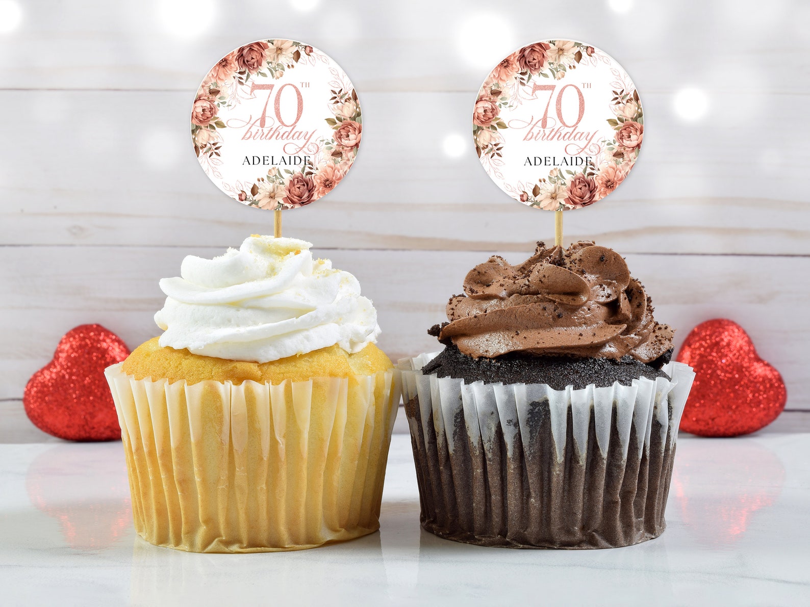 70th Rose Gold Floral Birthday Cupcake Cake Topper Canva Template for ...