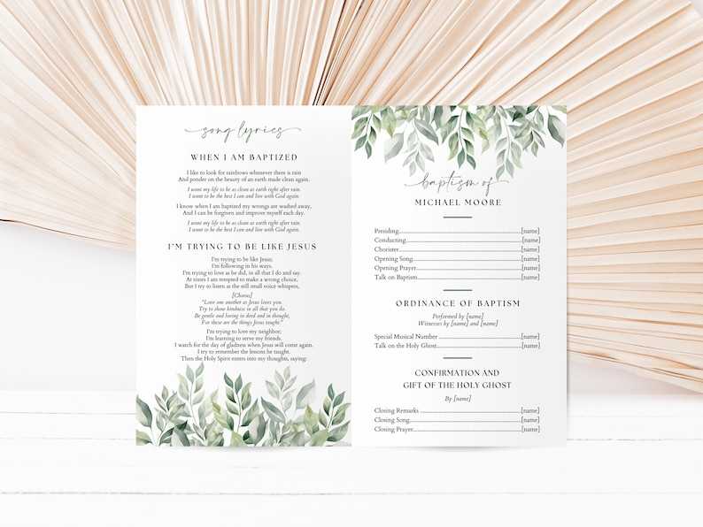 LDS Baptism Program Template for Boy Girl Canva Template, Greenery ...