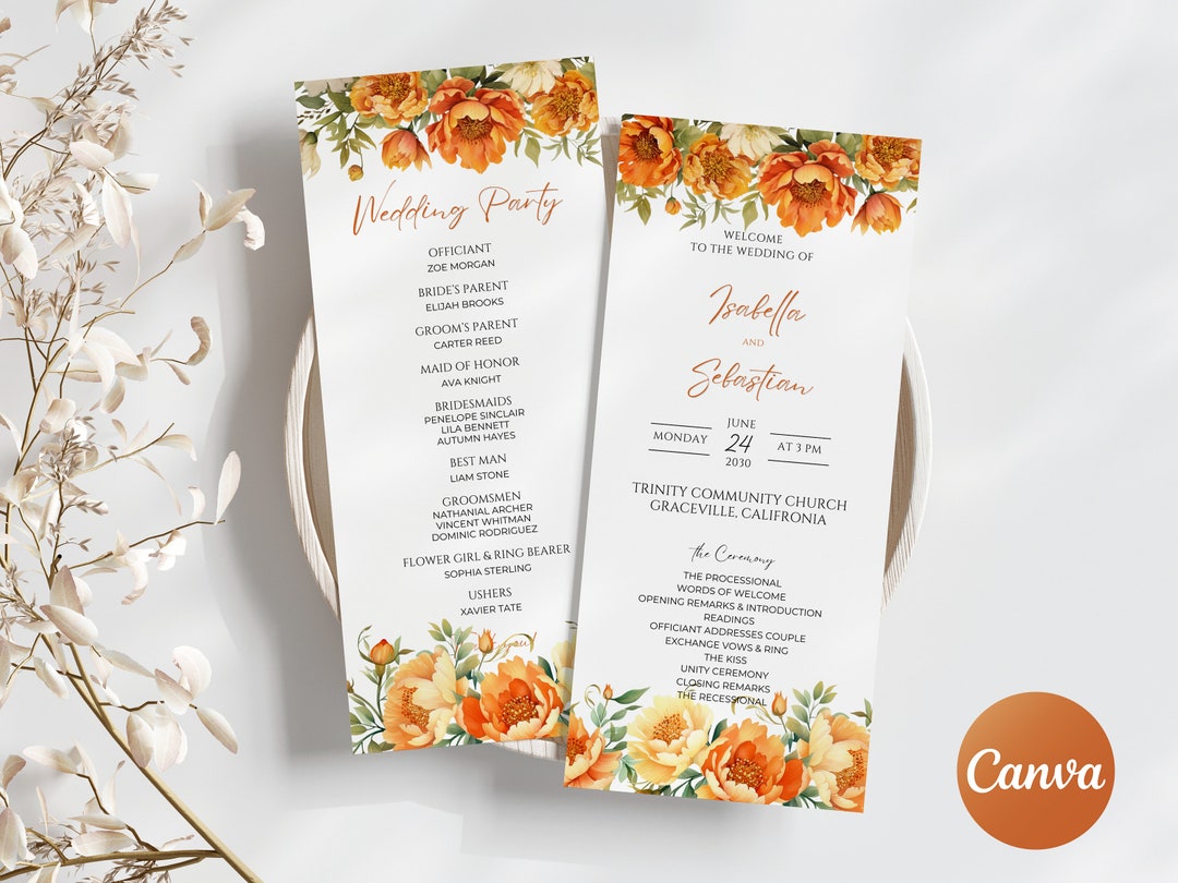Rustic Orange Wedding Program Template for Canva, Digital Wedding ...