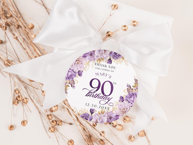 90th Birthday Thank You for Coming Tag Template Mother Grandma, Lilac ...