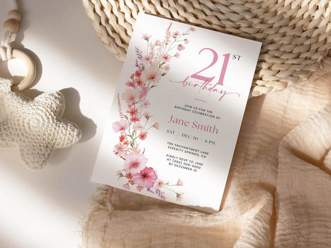 Blush Pink 21st Birthday Invitation for Girls, Wildflower 21 Year Old ...