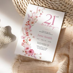 Blush Pink 21st Birthday Invitation for Girls, Wildflower 21 Year Old ...