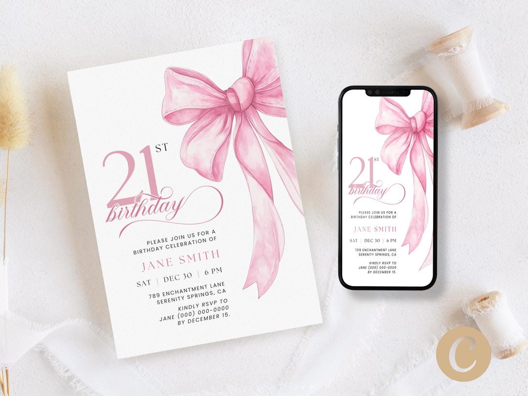 Pink Bow 21st Birthday Invitation Girls, 21 Year Old Pink Coquette Bow ...