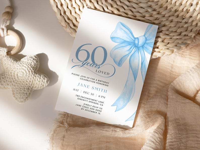 Blue Bow 60th Birthday Party Invitation Template for Mother Grandma ...
