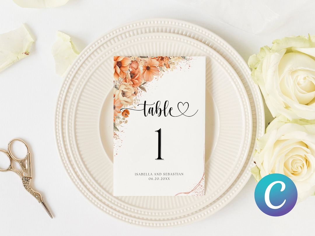 Peach Fuzz Floral Watercolor Wedding Table Numbers Canva Template ...