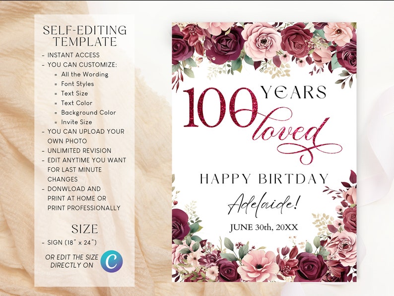 100th Birthday Welcome Sign Template for Mother Grandma, Pink Burgundy ...