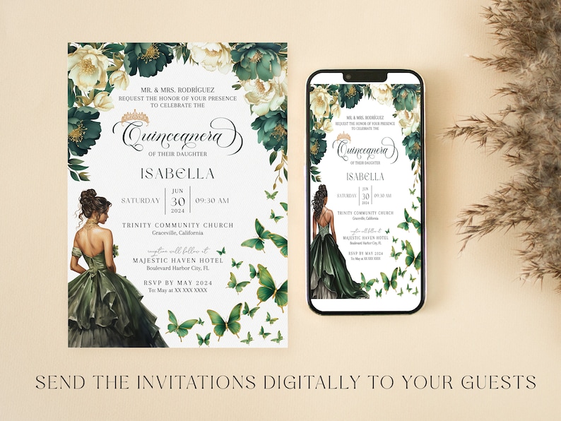 Quinceanera Invitation Template With Gold and Emerald Green Butterfly ...