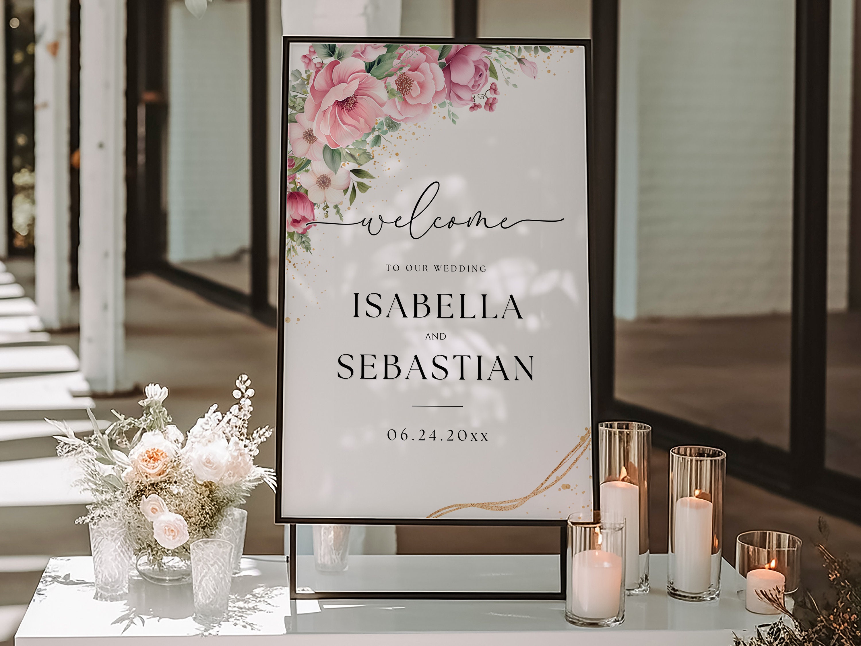 Dusty Pink Wedding Welcome Sign, Powder Pink Peonies Floral Canva ...