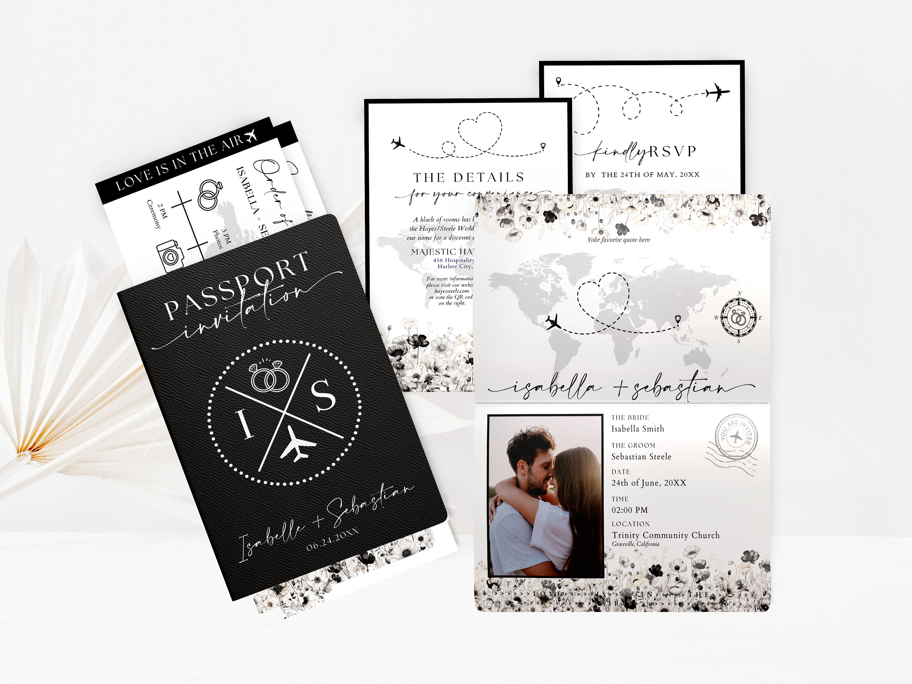 Black White Passport Invitation Canva Template W/ Boarding Pass & Save ...