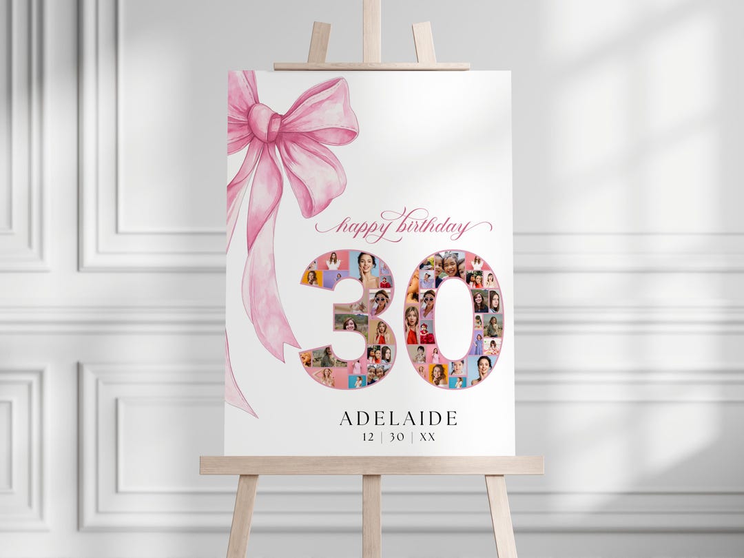 Pink Bow 30th Birthday Photo Collage Birthday Poster for Girls, Number ...