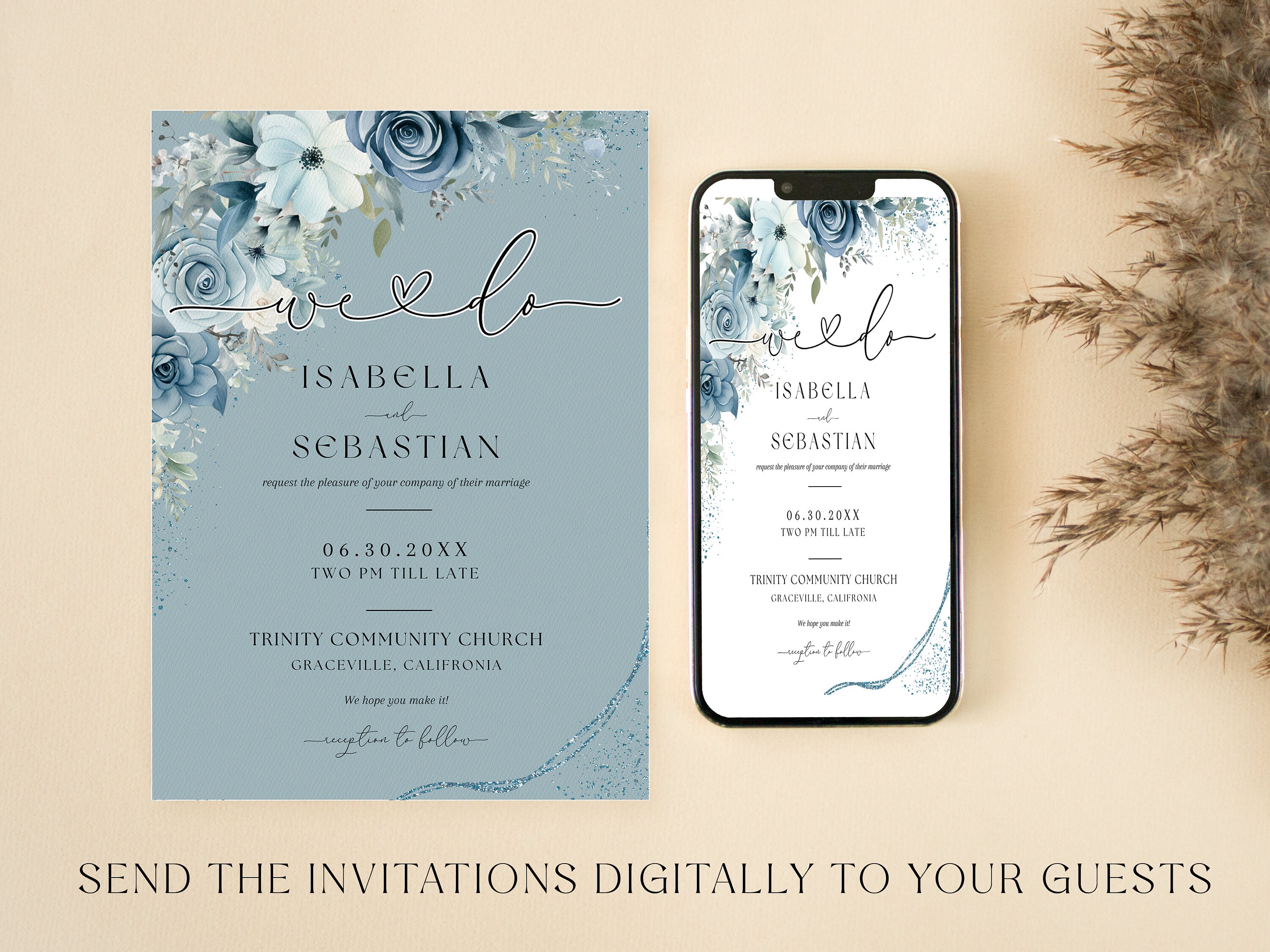 Dusty Blue Wedding Invitation, Powder Blue Peonies Floral Template ...