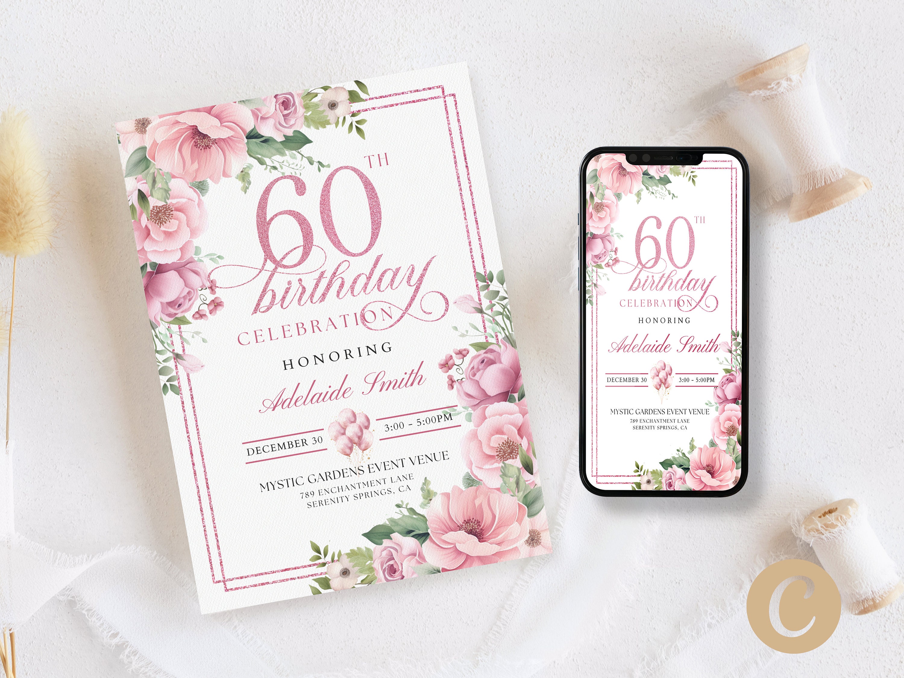 60th Birthday Party Invitation Canva Template for Mother Grandma, Pastel Pink Floral 60 Years ...