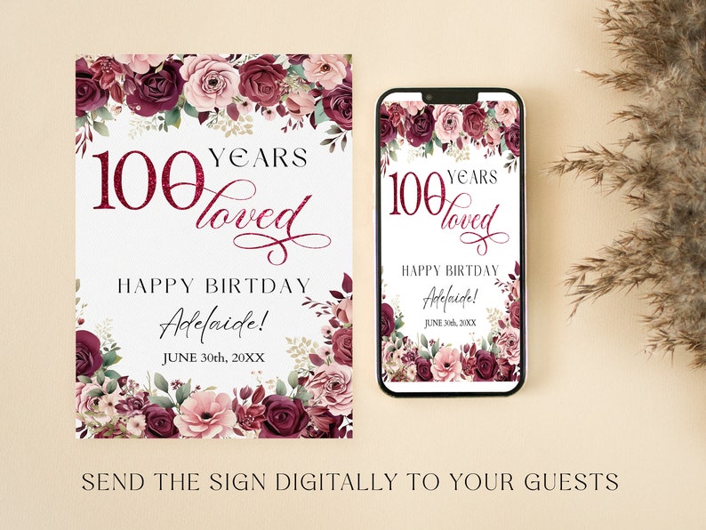 100th Birthday Welcome Sign Template for Mother Grandma, Pink Burgundy ...