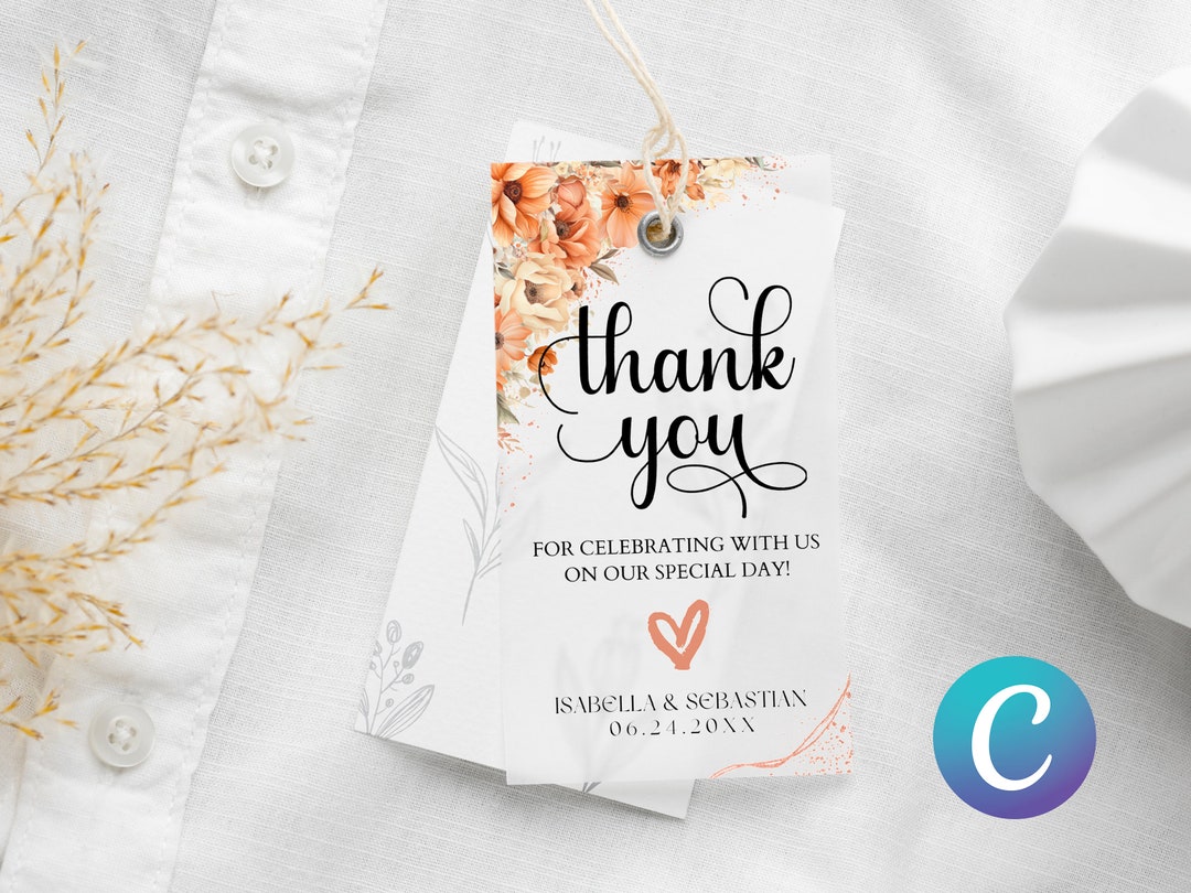 Peach Fuzz Floral Watercolor Thank You Tag Canva Template, Elegant ...