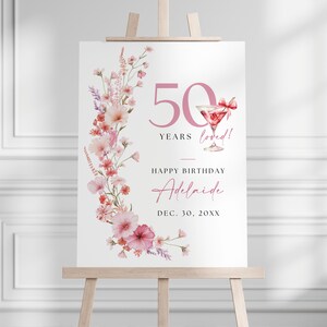 Soft Pink 50 Years Loved Birthday Welcome Sign for Girls, Floral 50th ...