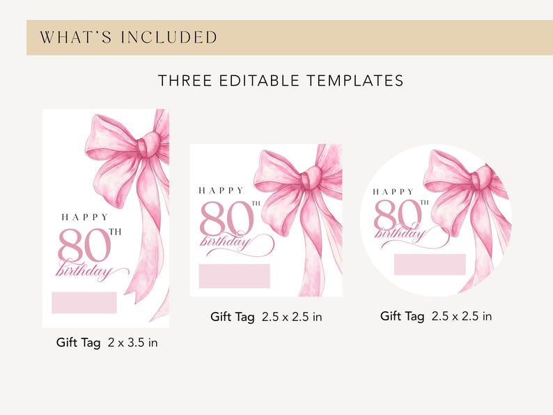 80th Birthday Pink Bow Gift Tag Template for Mother Grandma Aunt ...