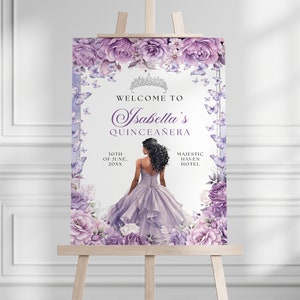 Editable Lilac Purple Silver Floral Butterfly Princess Quinceanera ...