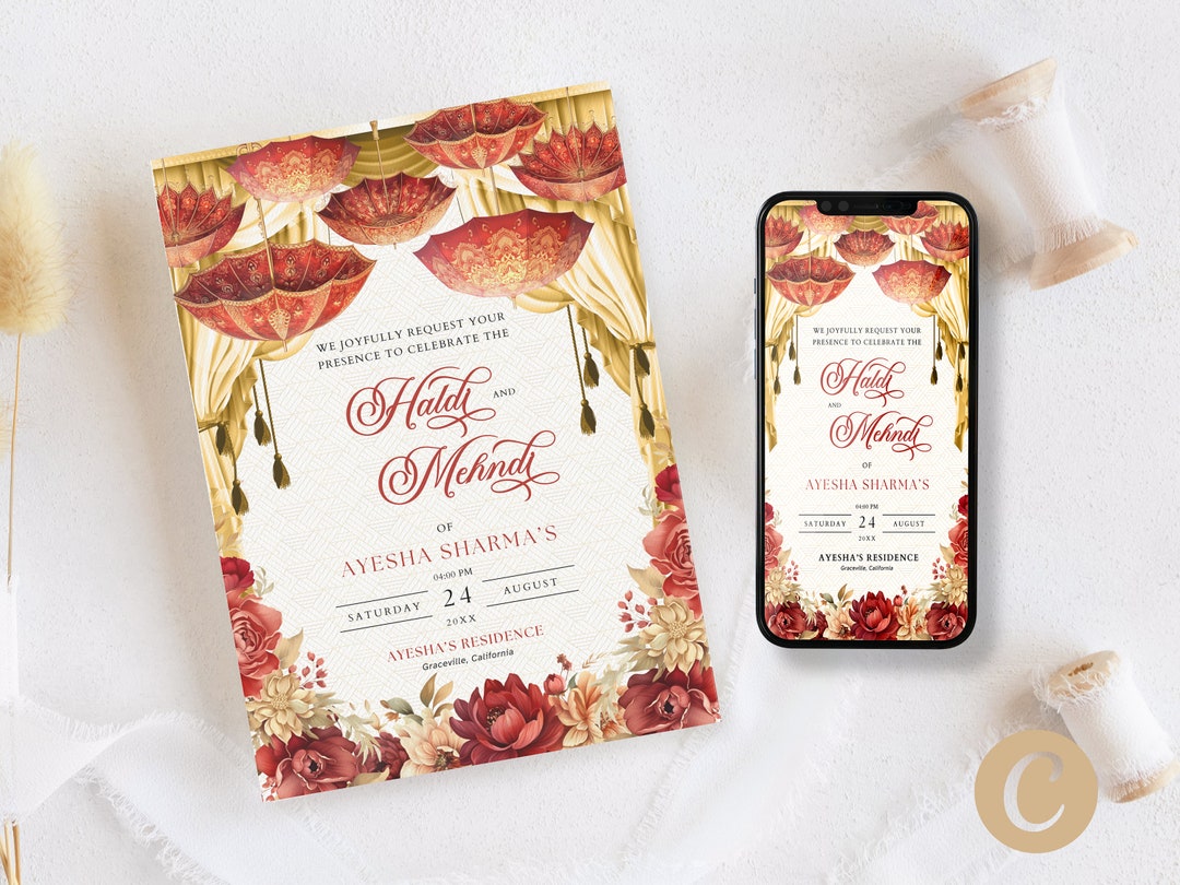 Mehndi Invitation Red Gold Floral Editable Canva Template for Indian ...