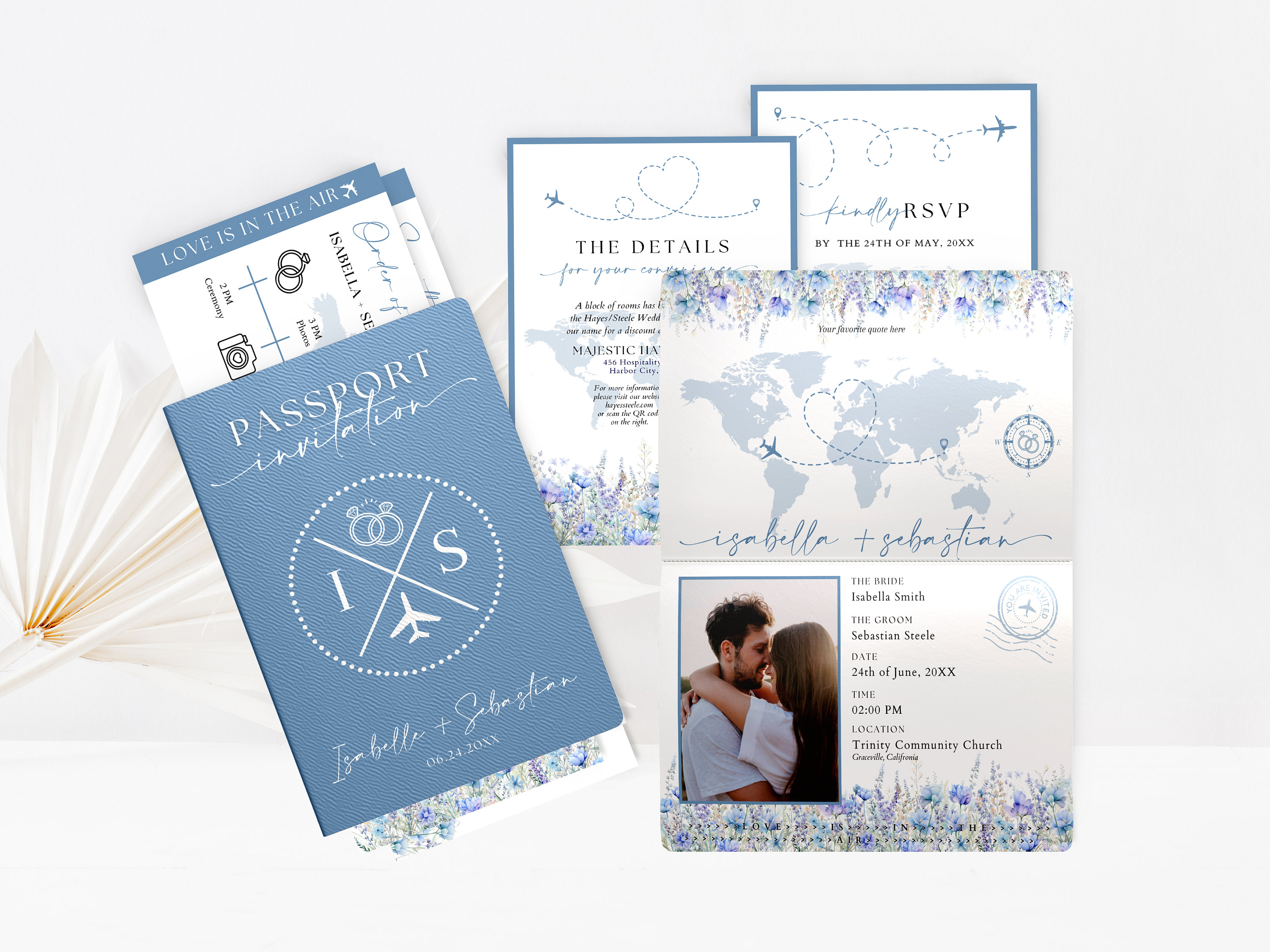 Dusty Blue Passport Invitation Canva Template With Boarding Pass & Save ...