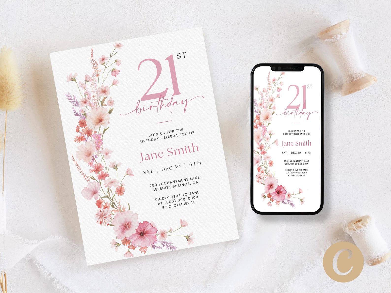 Blush Pink 21st Birthday Invitation for Girls, Wildflower 21 Year Old ...