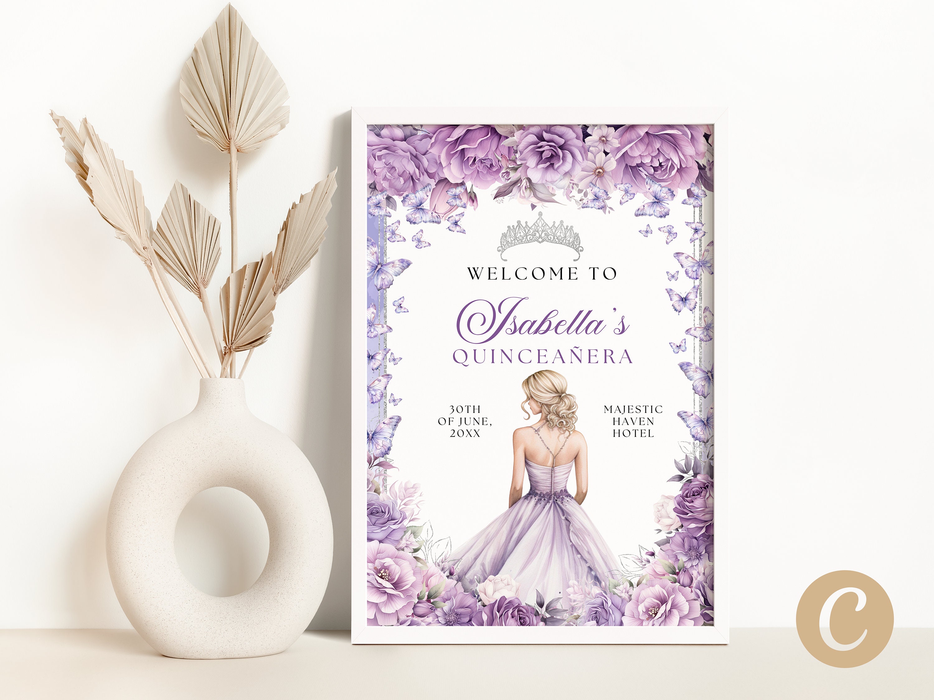 Editable Lilac Purple Silver Floral Butterfly Princess Quinceanera ...