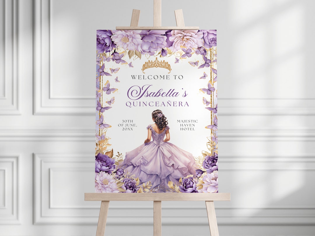Editable Lilac Purple Gold Floral Butterfly Princess Quinceanera ...