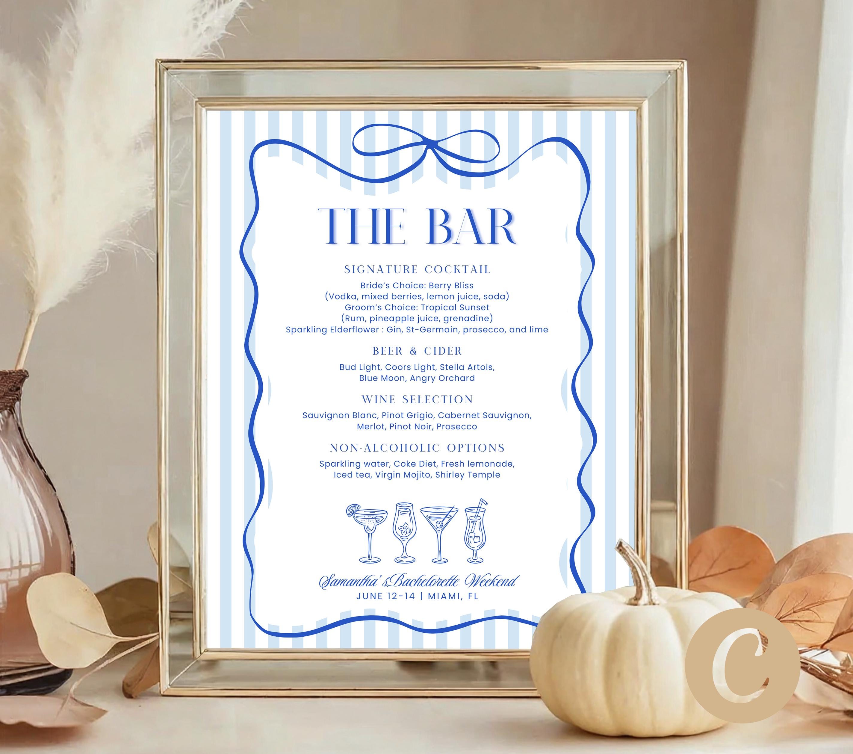 Blue Bachelorette Party Bar Sign Template, Bach Club Travel Menu Bar ...