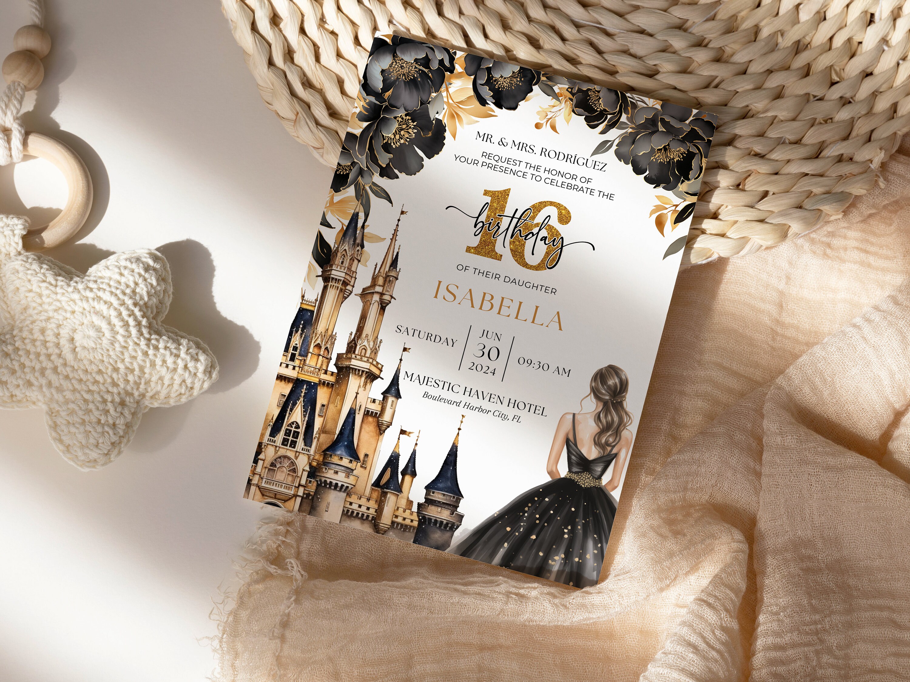 EDITABLE Fairytale Elegant Black Castle Birthday Invitation Template ...