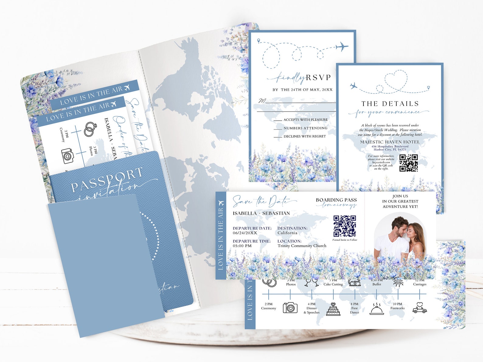 Dusty Blue Passport Invitation Canva Template With Boarding Pass & Save ...