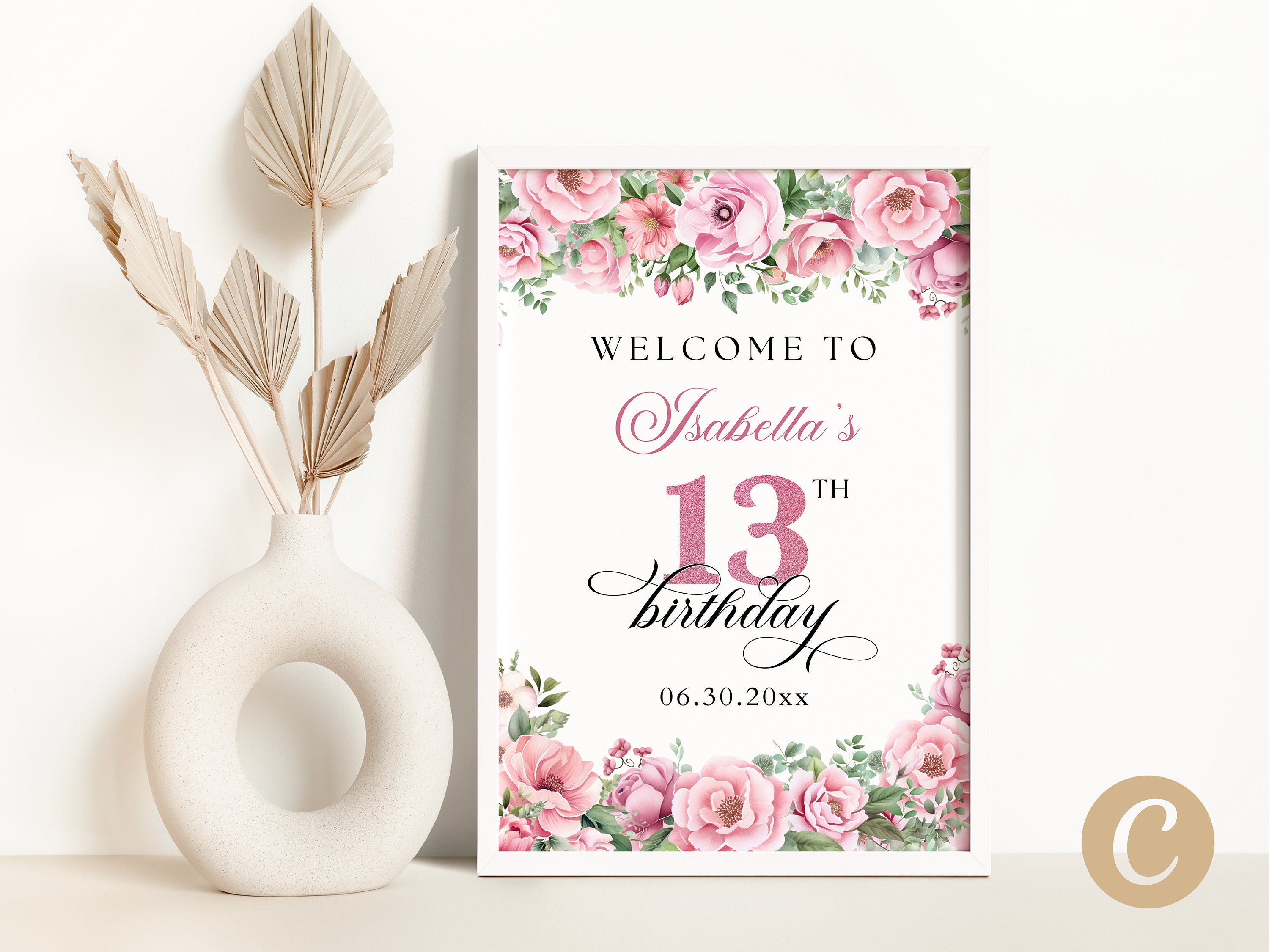 Editable Blush Pink Floral Birthday Welcome Sign Canva Template for ...