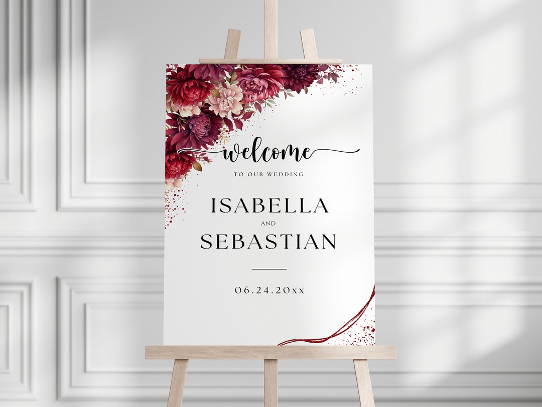 Burgundy Red Wedding Welcome Sign, Dahlia Chrysanthemum Peonies Floral ...