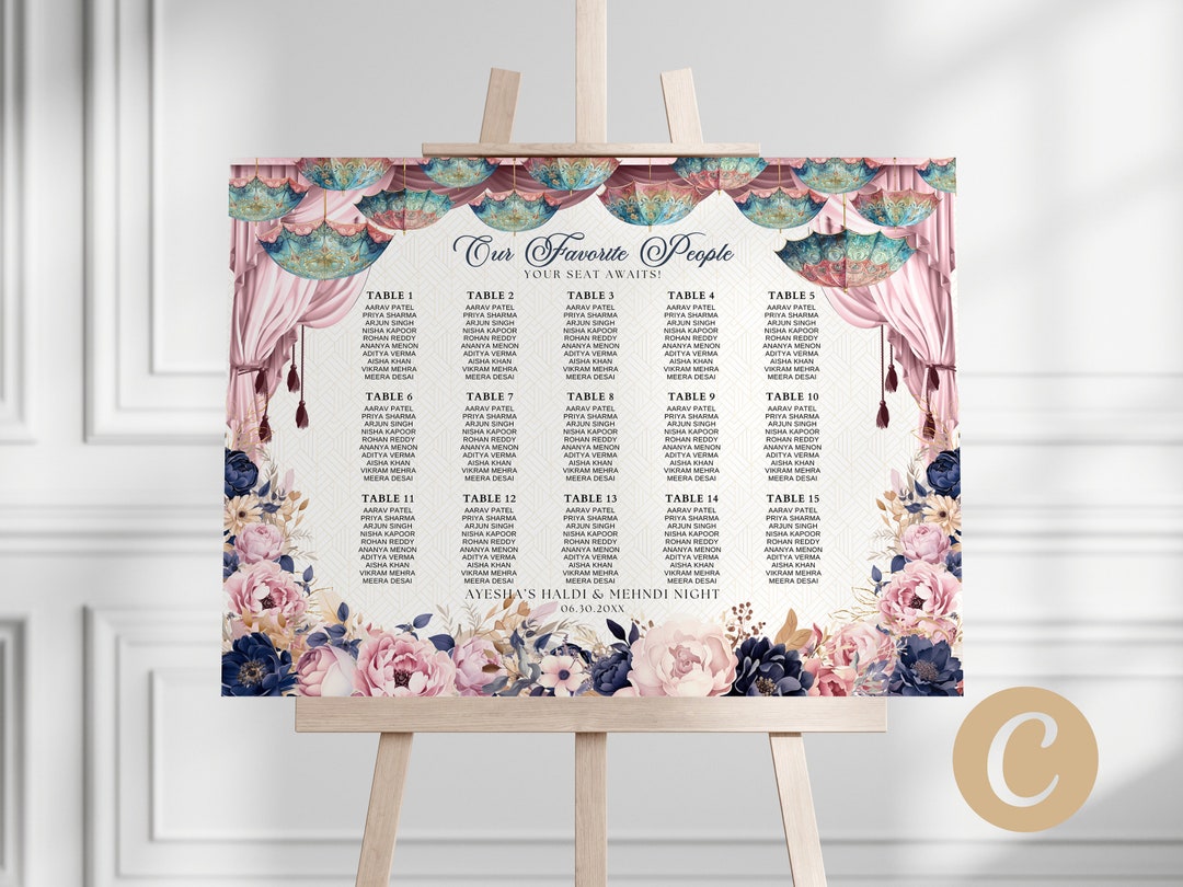 Mehndi Blue Pink Gold Editable Large Seating Chart Canva Template ...